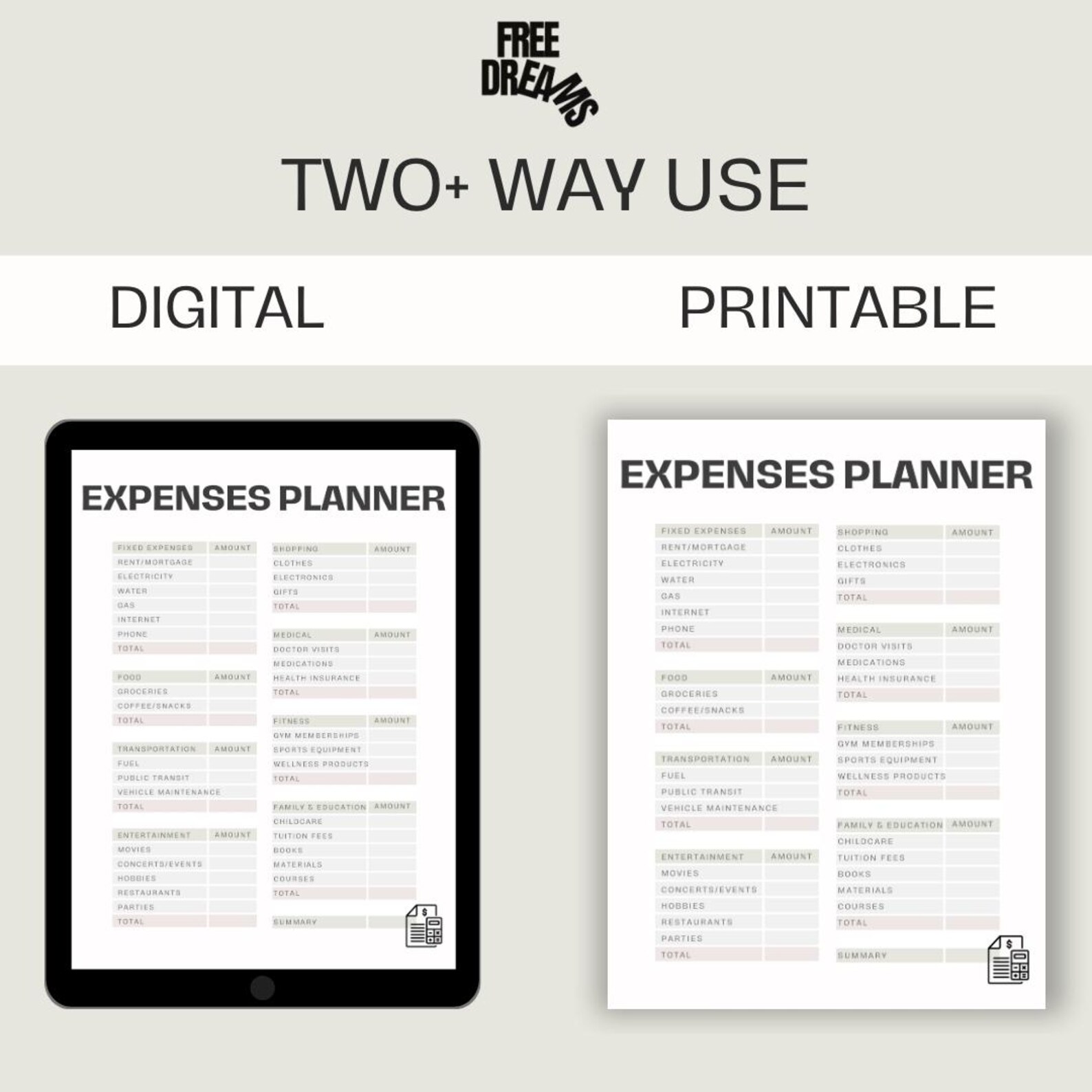 EXPENSES PLANNER PRINTABLE, Monthly Expense Log, Personal Expenses ...