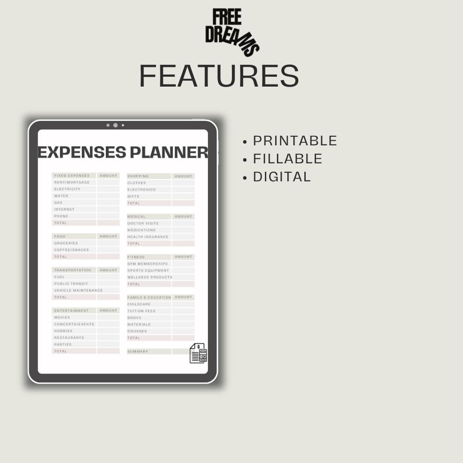 EXPENSES PLANNER PRINTABLE, Monthly Expense Log, Personal Expenses ...