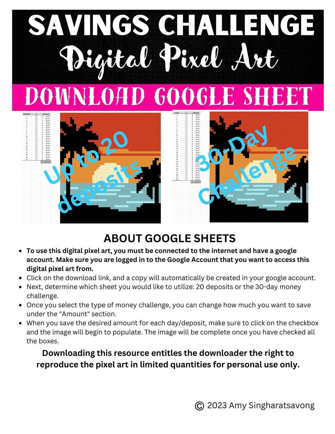 Sunset Savings Challenge Pixel Art Vacation - Etsy