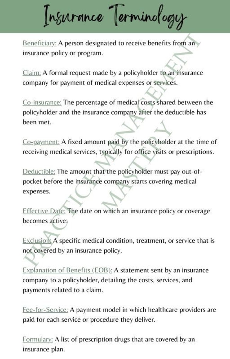Medical Insurance Terminology Printable - Etsy