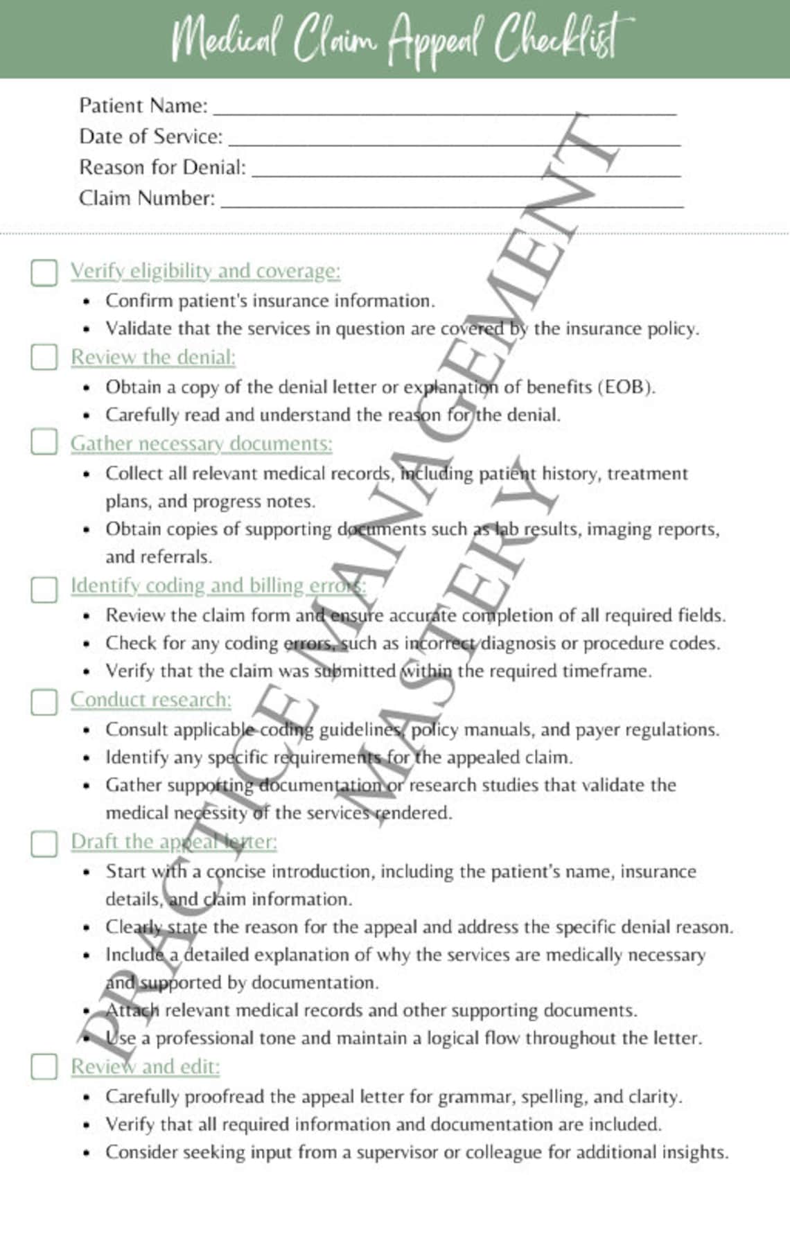 Comprehensive Medical Claim Appeal Checklist Digital Download - Etsy