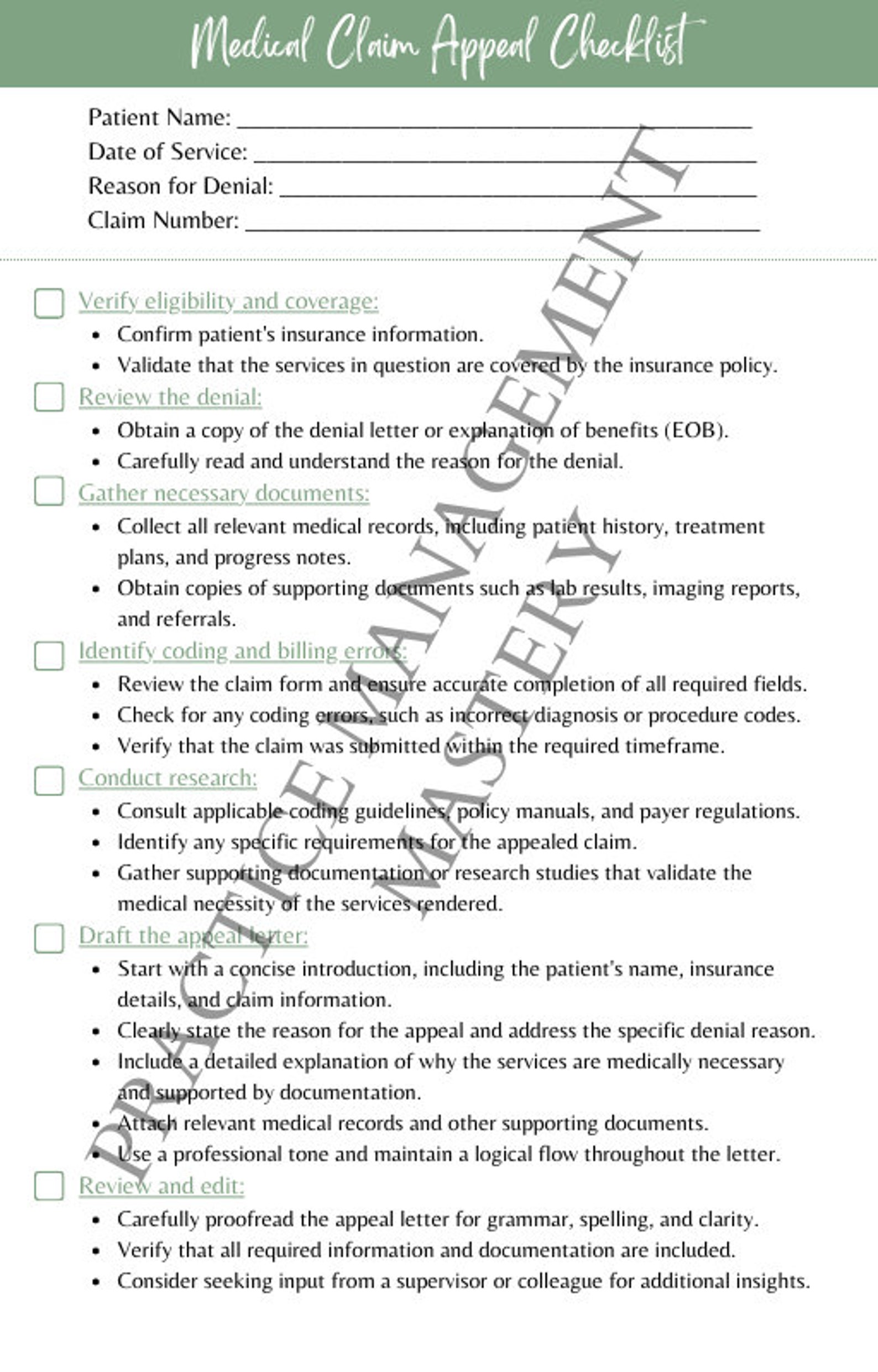 Comprehensive Medical Claim Appeal Checklist Digital Download - Etsy
