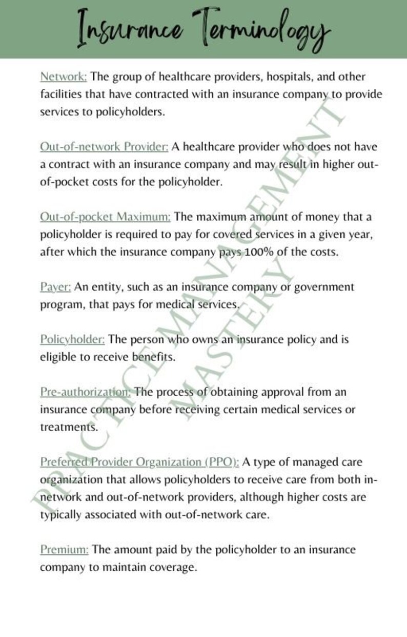 Medical Insurance Terminology Printable - Etsy