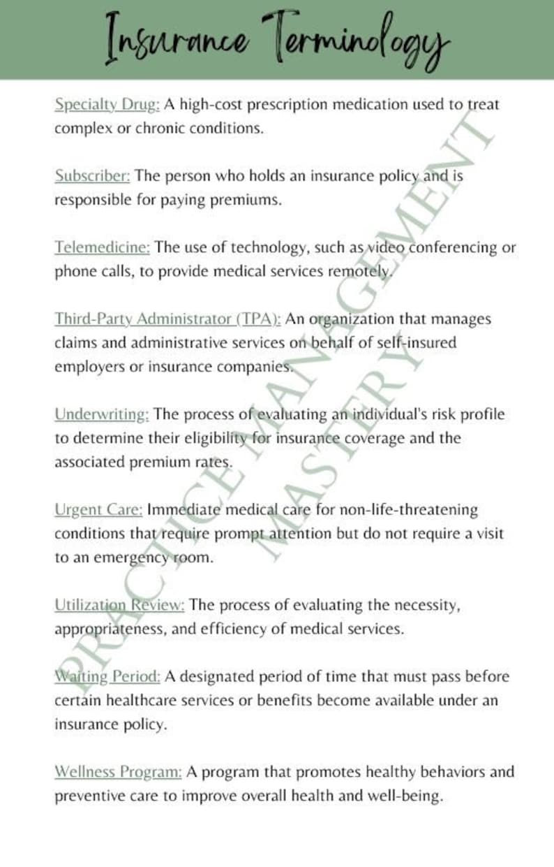 Medical Insurance Terminology Printable - Etsy