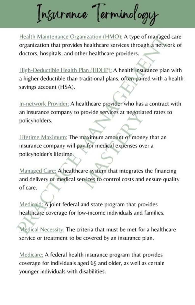 Medical Insurance Terminology Printable - Etsy