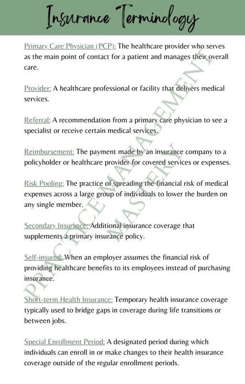 Medical Insurance Terminology Printable - Etsy