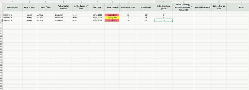 Prior Authorization Tracker Spreadsheet | Insurance Authorization Log ...