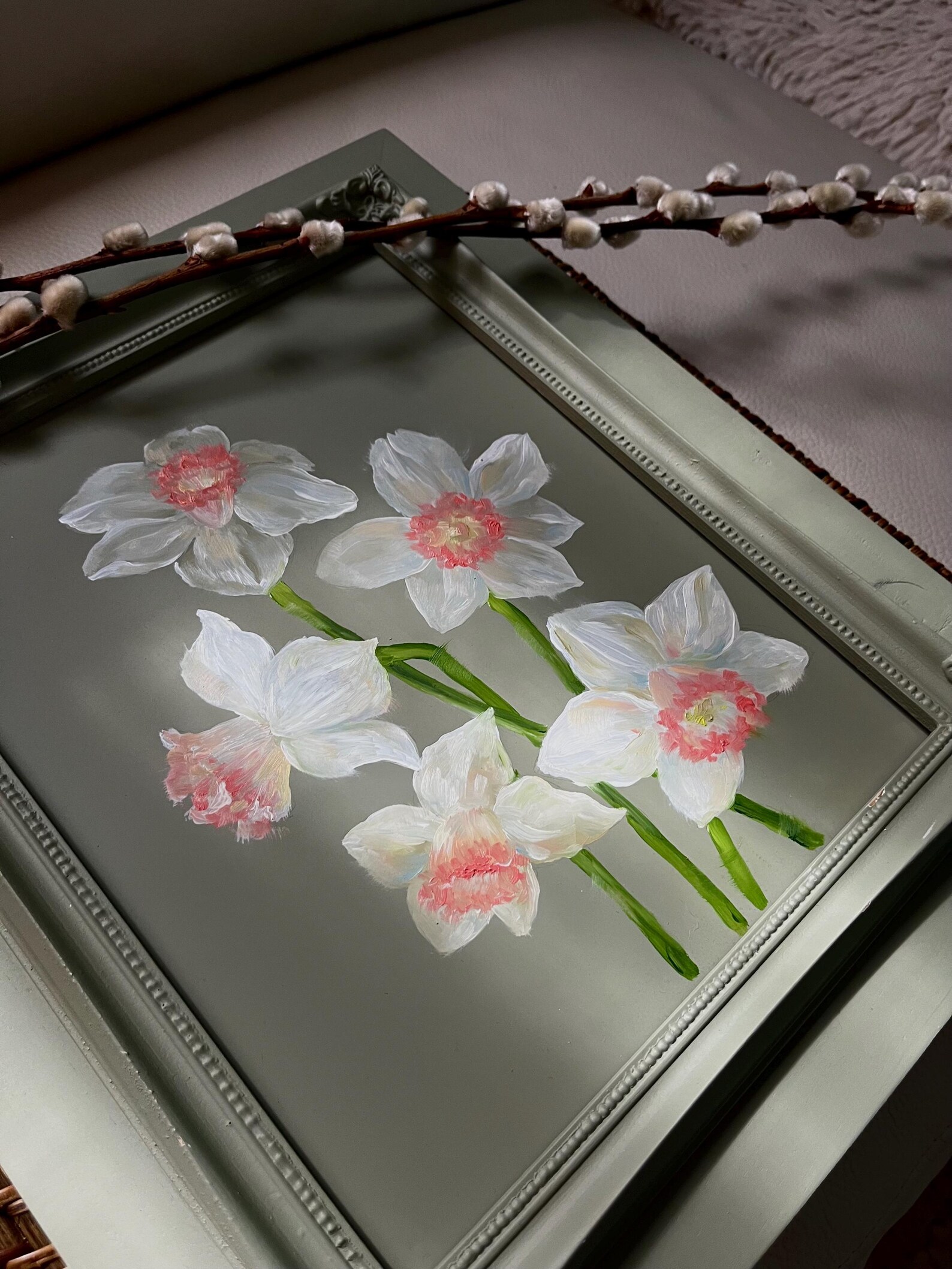 Original Daffodils Oil Painting Vintage Framed Wall Art Elegant Spring ...