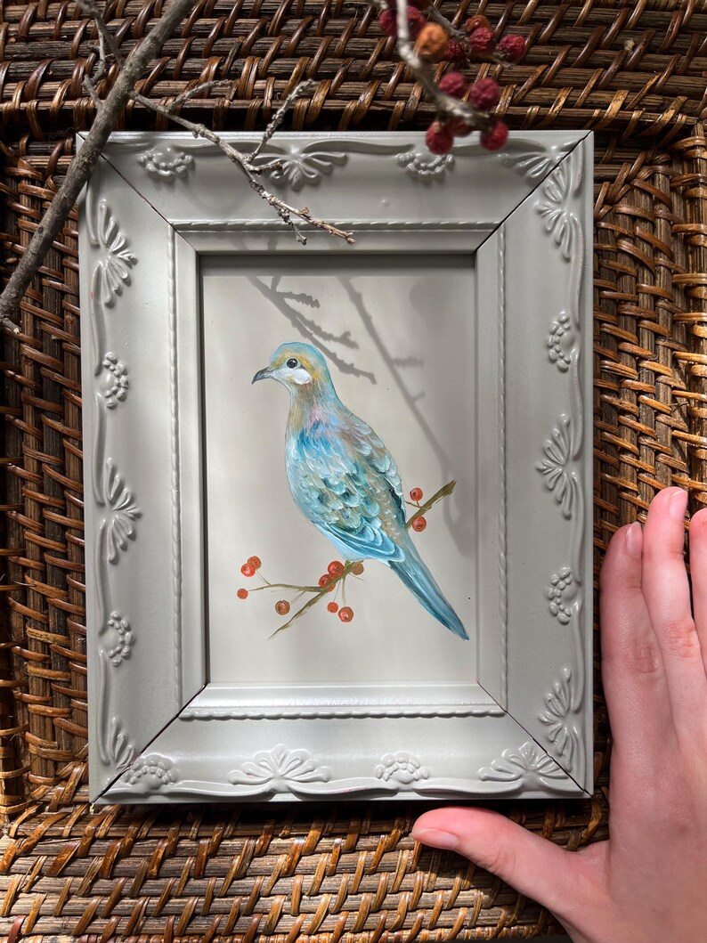 Original Hand-painted Dove Oil Painting Vintage Framed Wall Art Unique ...