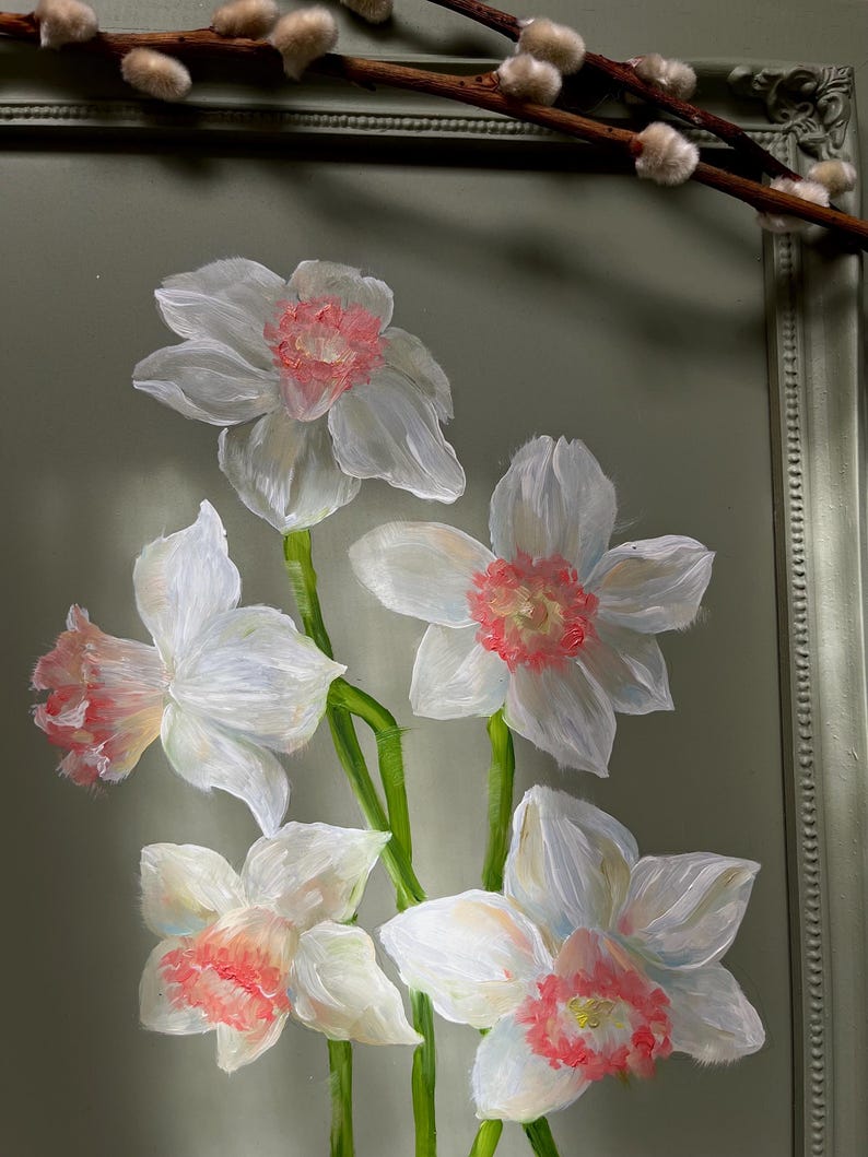 Original Daffodils Oil Painting Vintage Framed Wall Art Elegant Spring ...