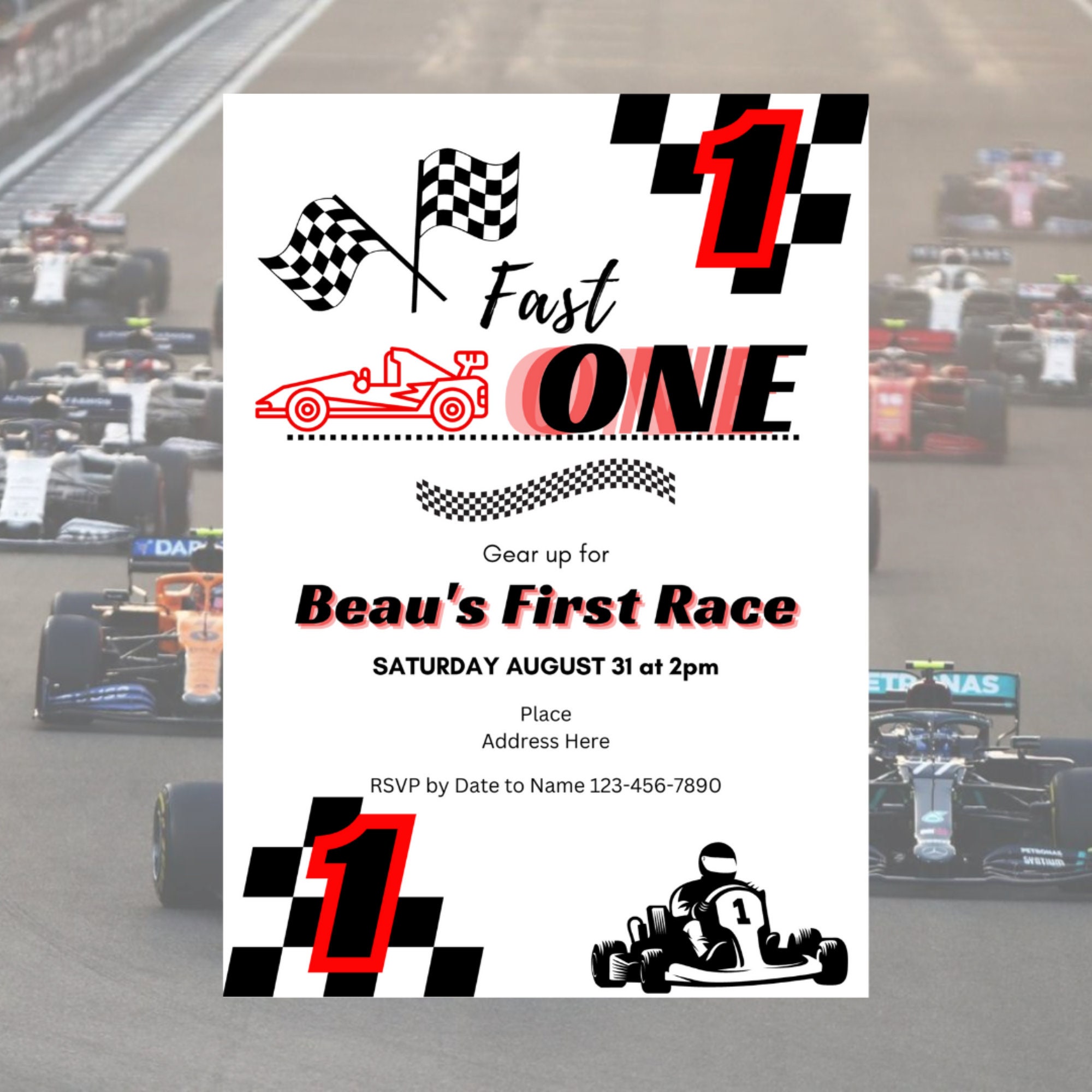 Fast ONE - First Birthday Invitation Template - Race Car Themed ...