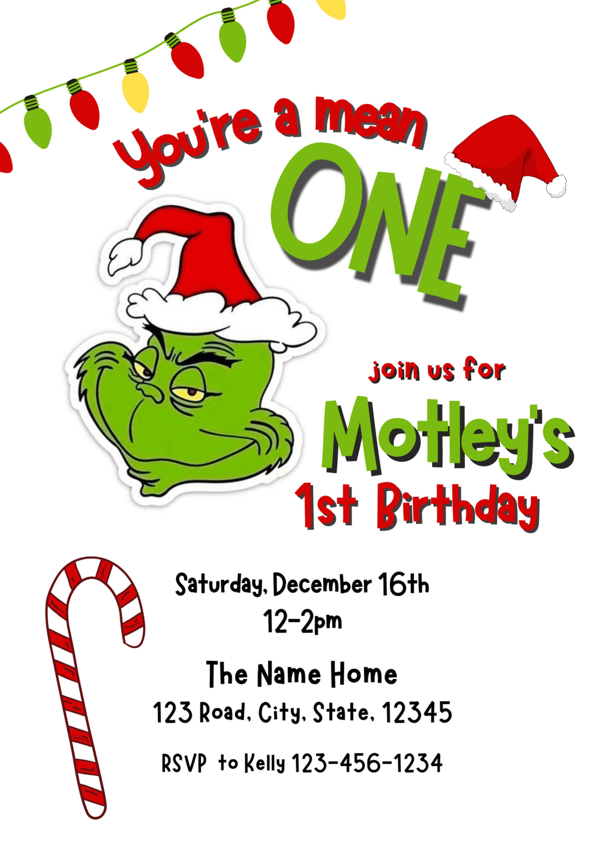 You're a Mean ONE - Grinch Party Invitation Template - First Birthday ...