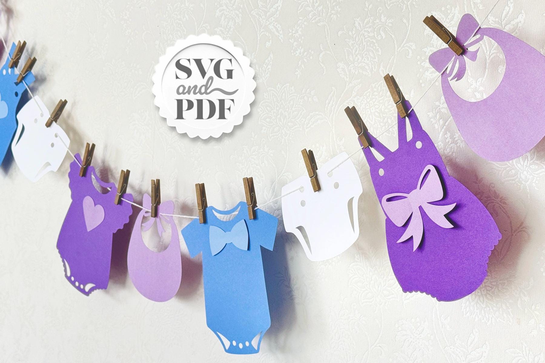 Baby Shower Clothesline SVG Banner - Onesie Diaper Bib Bow Gender ...