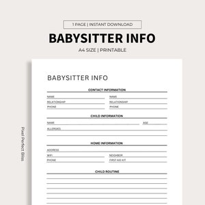 Babysitter Information Sheet, Babysitting Printable, Childcare ...