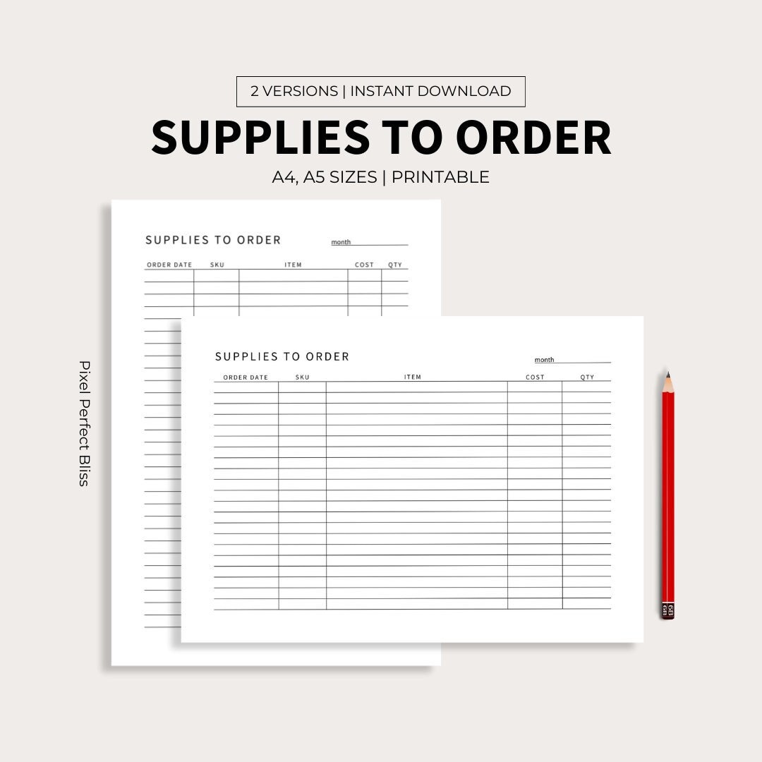 Supplies to Order Tracker, Supplies Management Form, Small Business ...