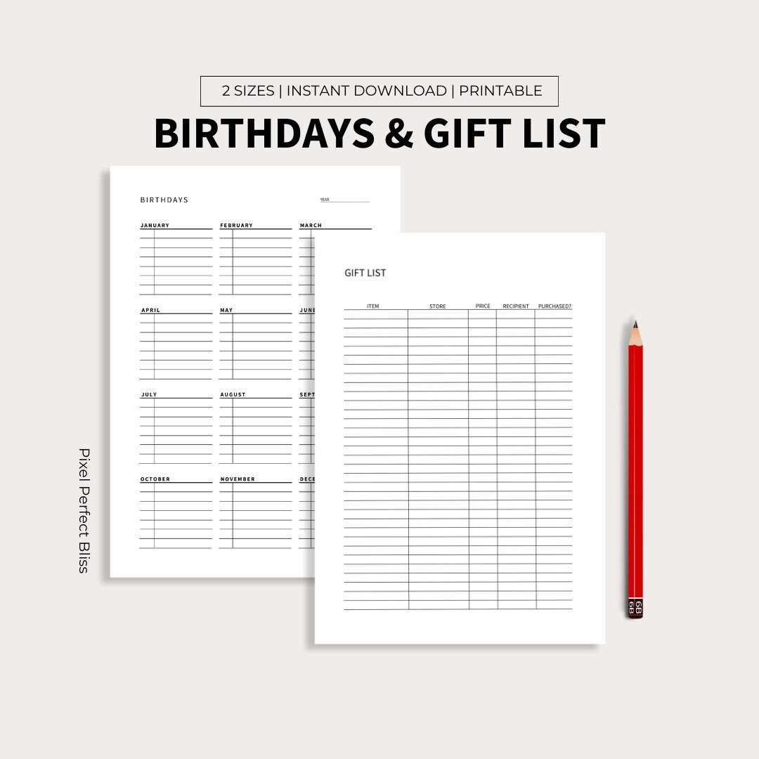 Birthdays Tracker & Gift List Printable, Birthday Planner, Birthday and ...