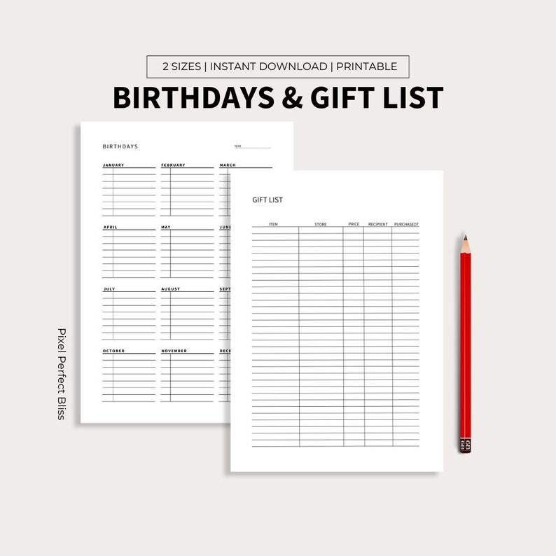 Birthdays Tracker & Gift List Printable, Birthday Planner, Birthday and ...