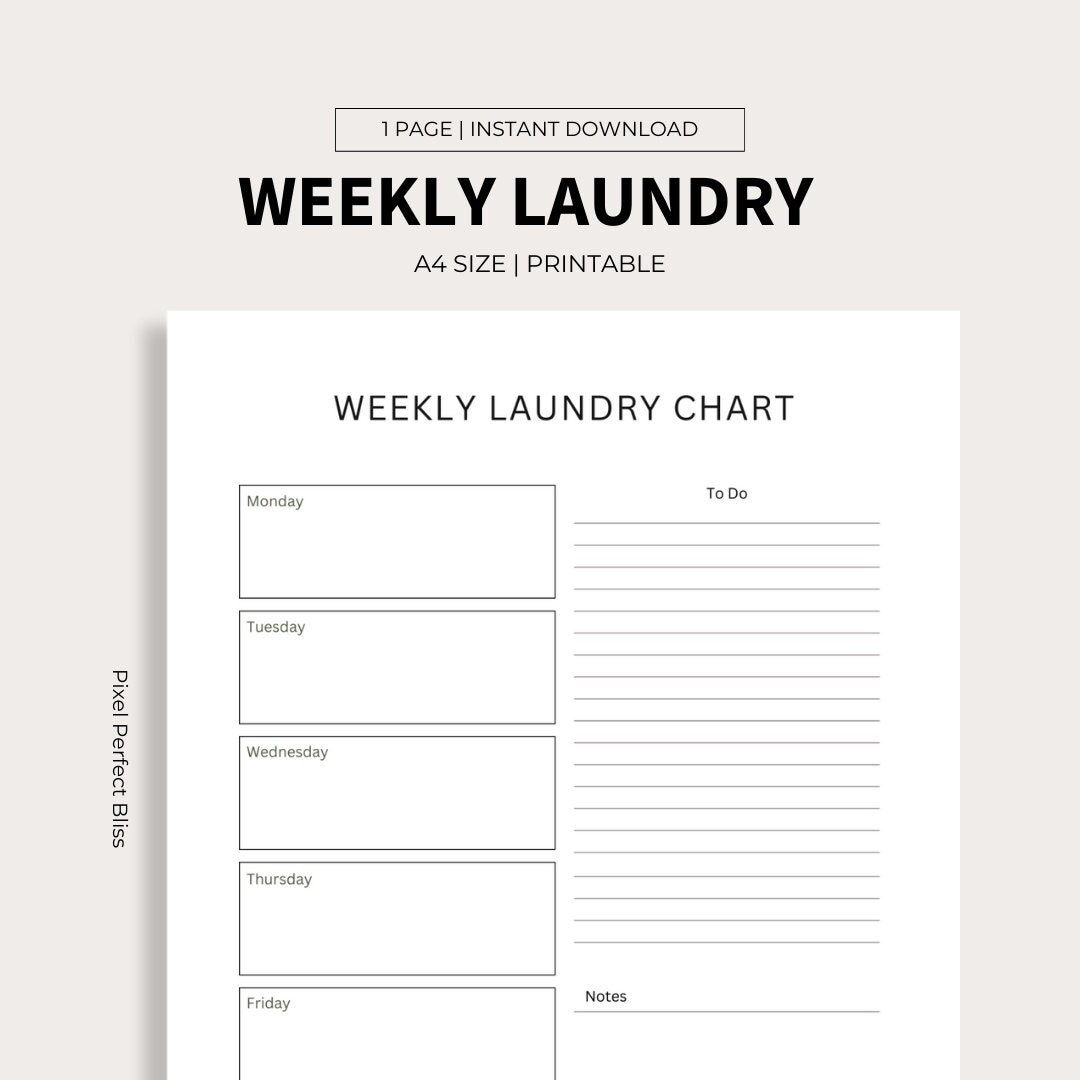 Weekly Laundry Chart Printable, 7-day Easy-to-print Household Schedule ...