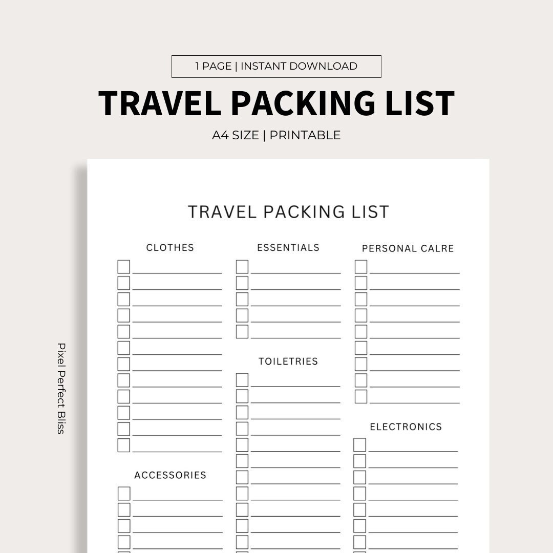 Travel Packing Checklist Printable, Easy-to-print Travel Essentials ...