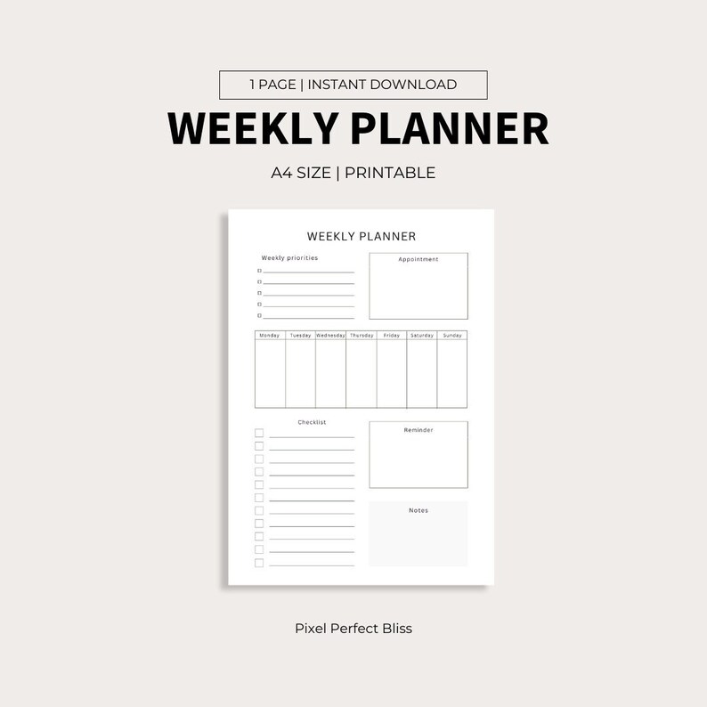 Weekly Planner Sheet Printable, Every Week Intuitive Plan, Practical Easy to Print 7 Days ...
