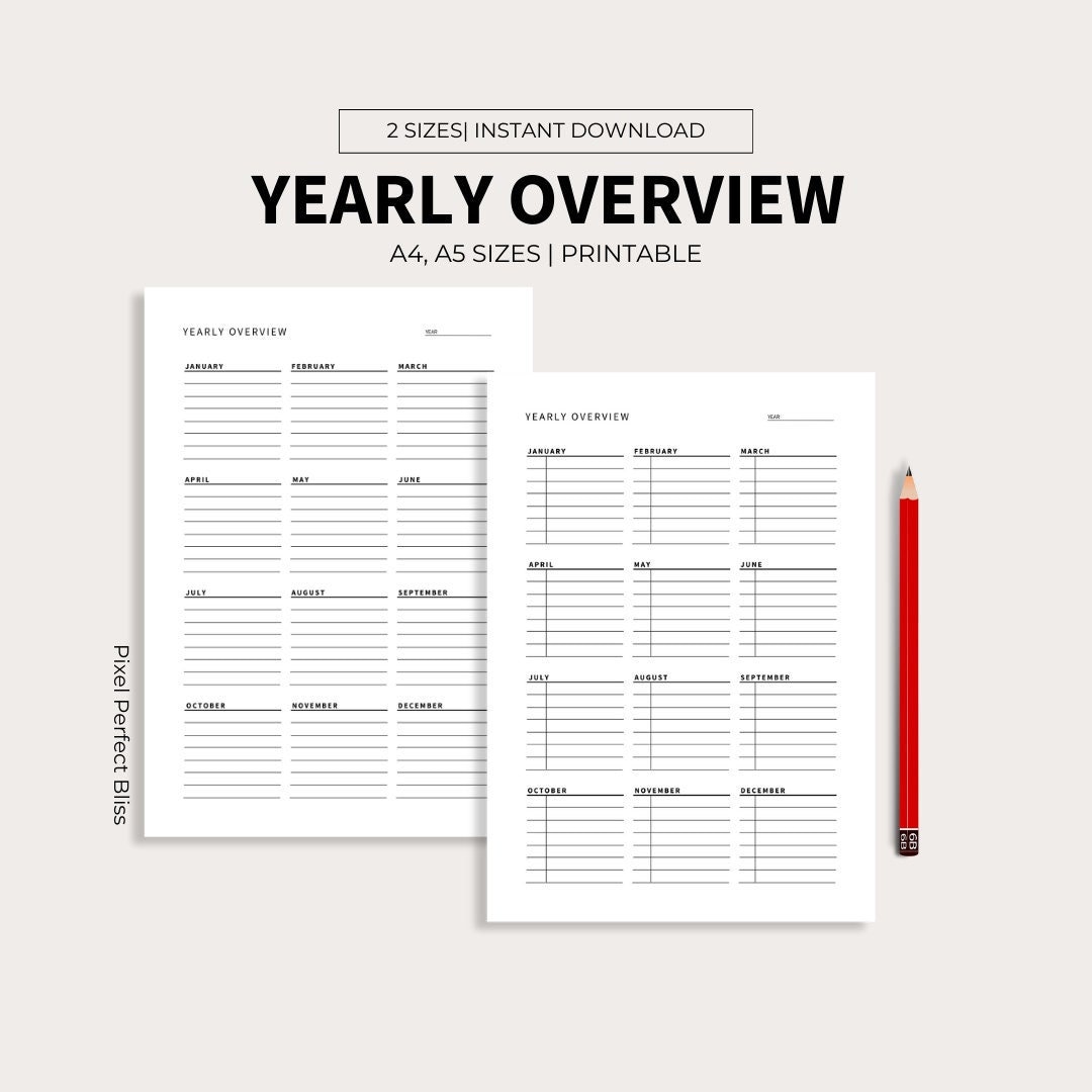 Yearly Overview Template, Printable Yearly Planner on One Page, Year at ...