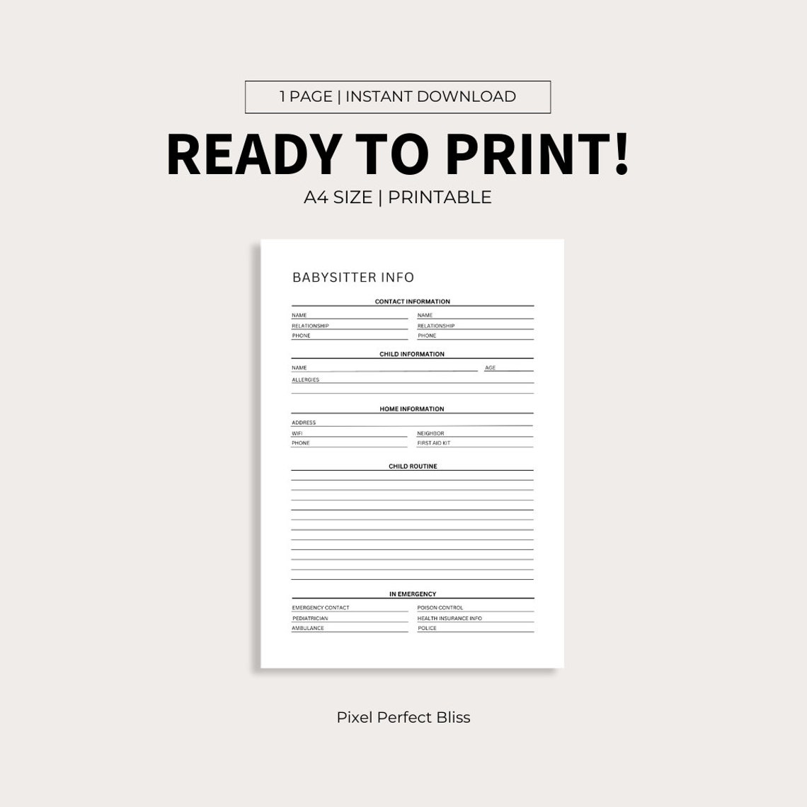 Babysitter Information Sheet, Babysitting Printable, Childcare ...