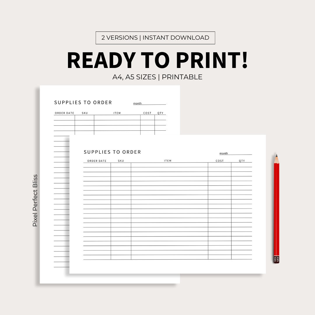 Supplies to Order Tracker, Supplies Management Form, Small Business ...