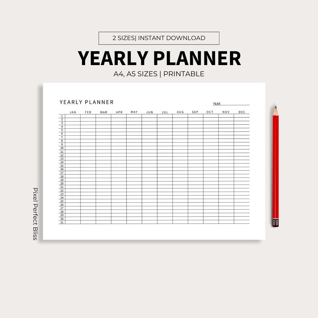 Yearly Planner Template, Printable Yearly Planner on One Page, Year at ...