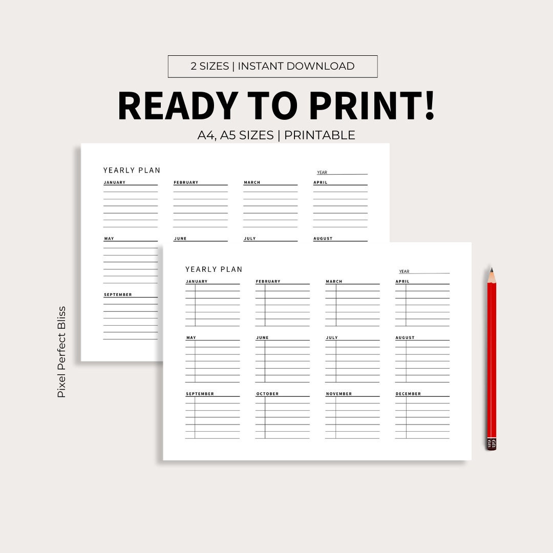 Yearly Plan Landscape Template, Printable Yearly Planner on One Page ...