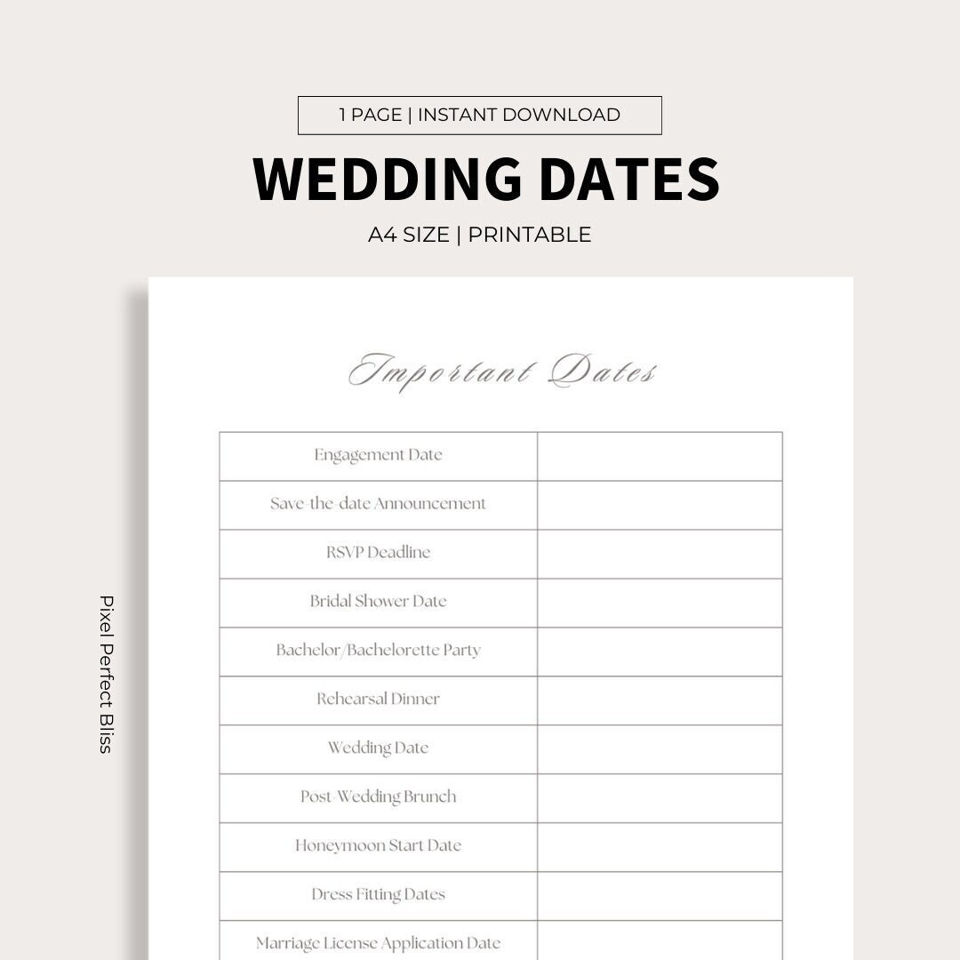 Wedding Important Dates Printable, Key Marriage Dates Chart ...