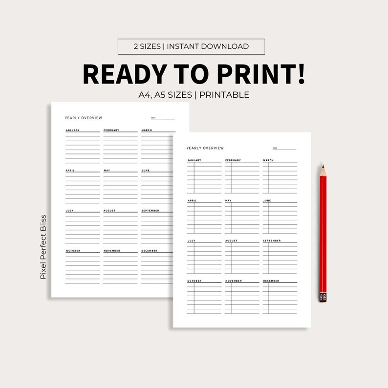 Yearly Overview Template, Printable Yearly Planner on One Page, Year at ...