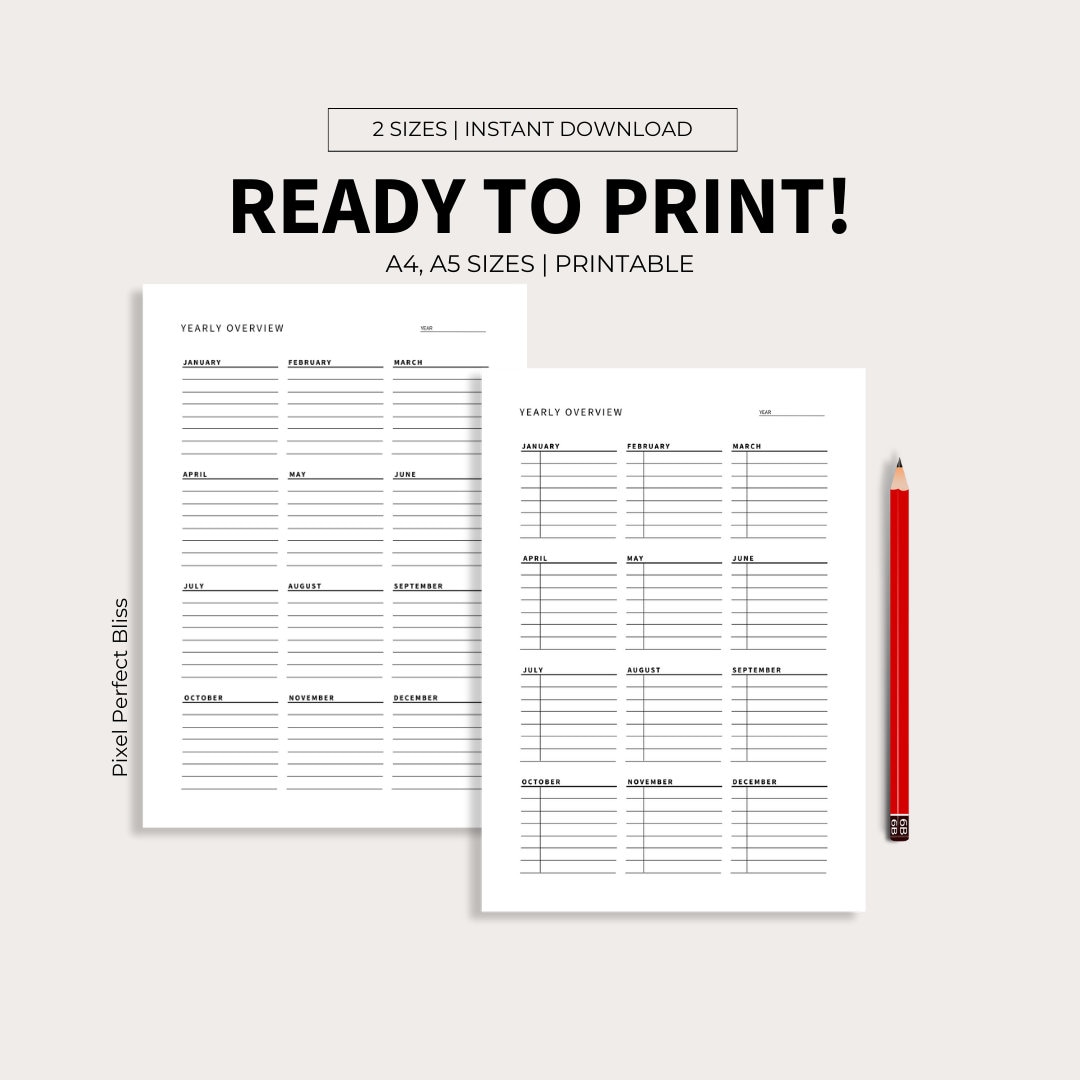 Yearly Overview Template, Printable Yearly Planner on One Page, Year at ...