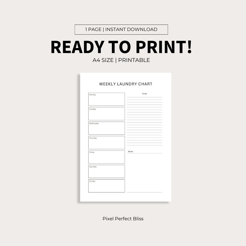 Weekly Laundry Chart Printable, 7-day Easy-to-print Household Schedule ...
