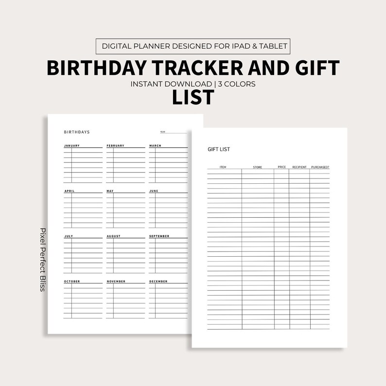 Digital Birthdays Tracker & Gift List, Birthday Planner, Birthday and ...