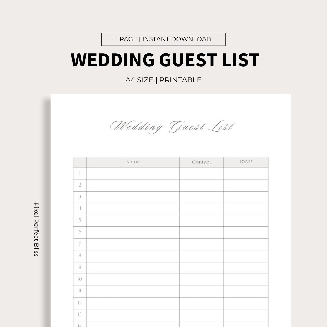 Wedding Guest List Printable Wedding Attendee List Party - Etsy