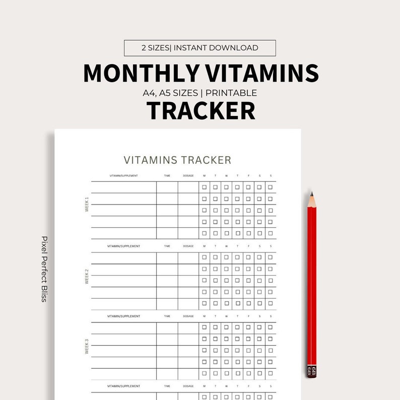 Monthly Vitamins Tracker, Healthcare Routine, Supplements Tracker ...