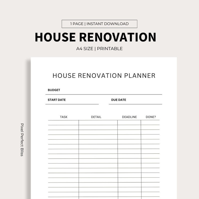 House Renovation Planner Sheet Printable, Easy-to-print Home Remodeling ...