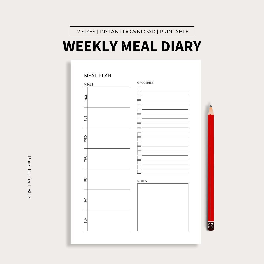 Weekly Meal Diary With Groceries Printable Template, 7-day Food Plan ...