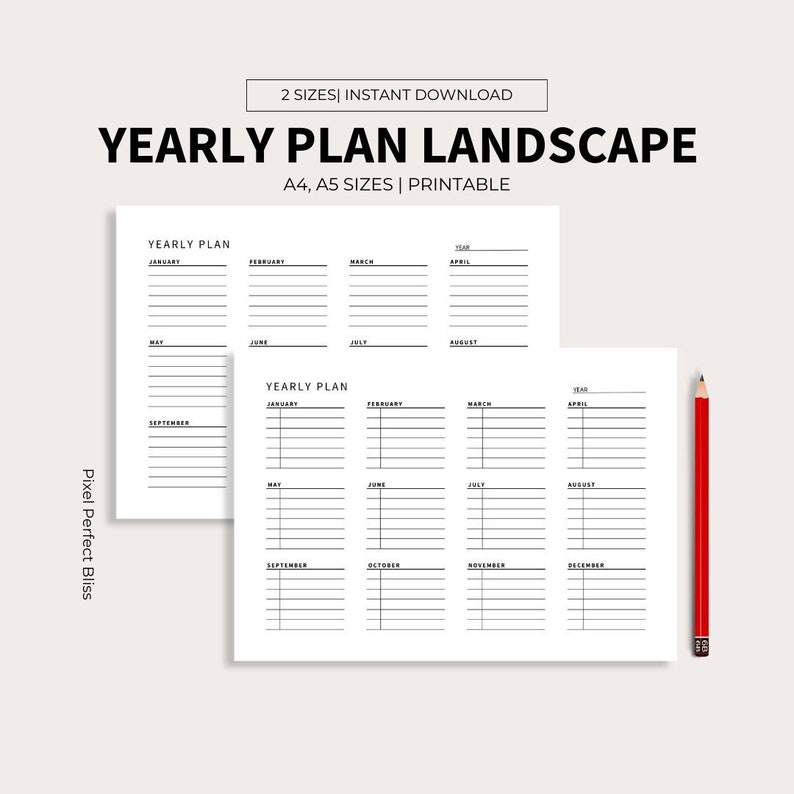 Yearly Plan Landscape Template, Printable Yearly Planner on One Page ...