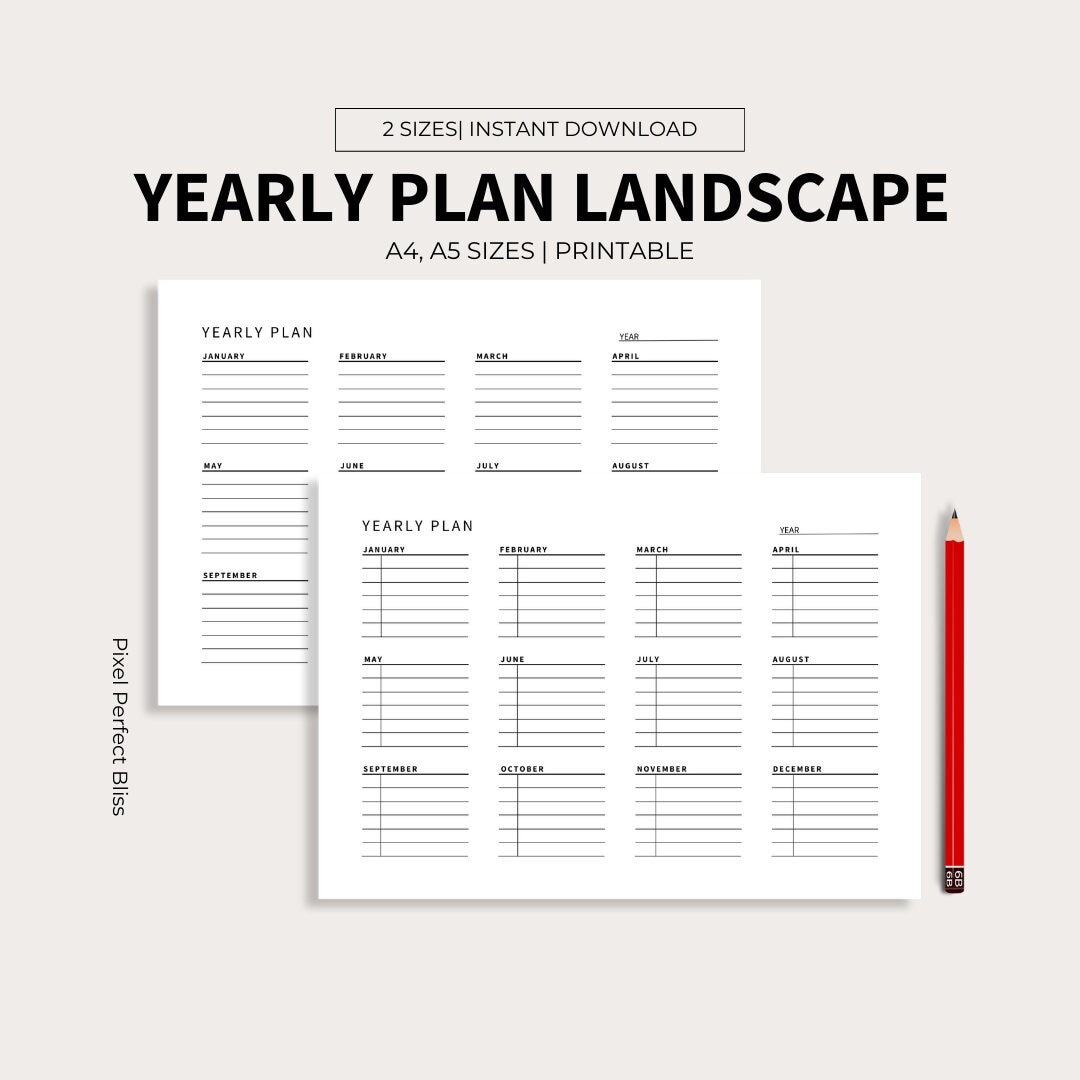 Yearly Plan Landscape Template, Printable Yearly Planner on One Page ...