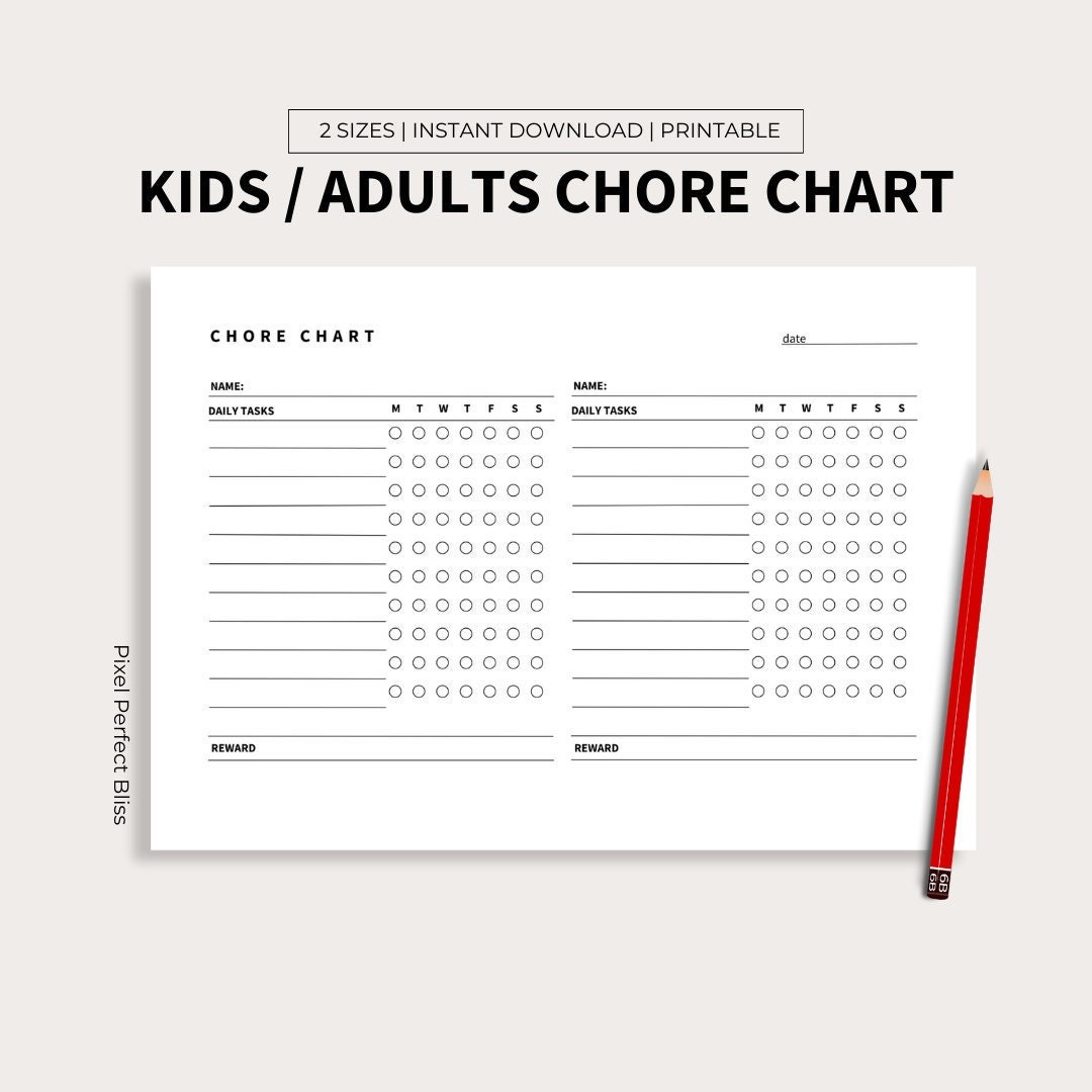 Chore Chart for 2 Kids / Adults Template, Weekly Household Chores ...
