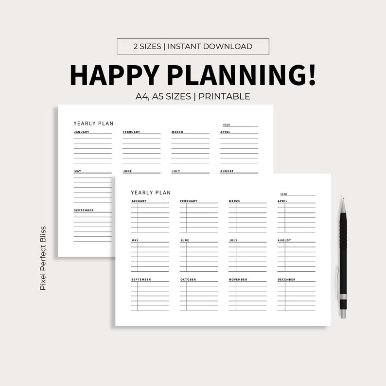 Yearly Plan Landscape Template, Printable Yearly Planner on One Page ...