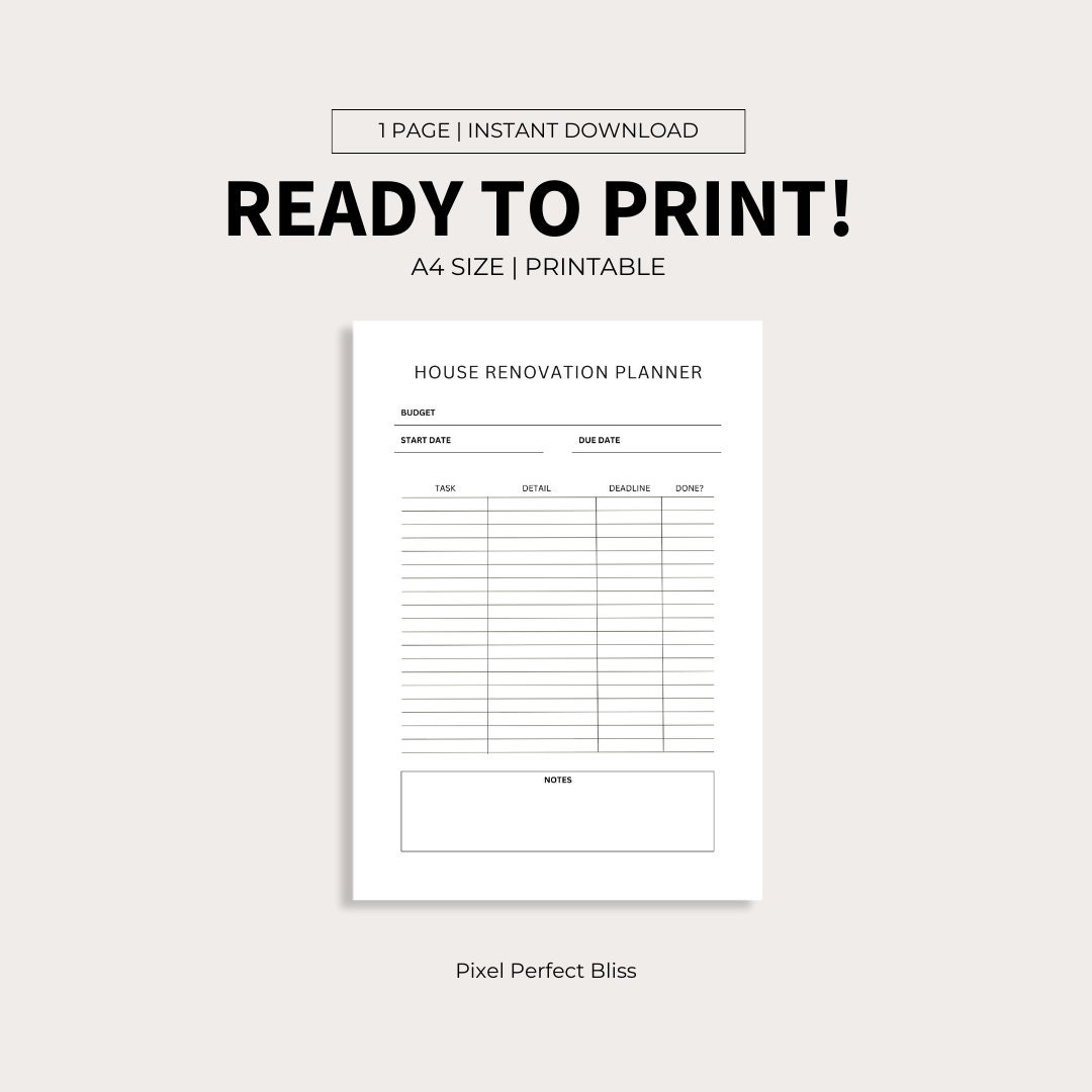 House Renovation Planner Sheet Printable, Easy-to-print Home Remodeling ...