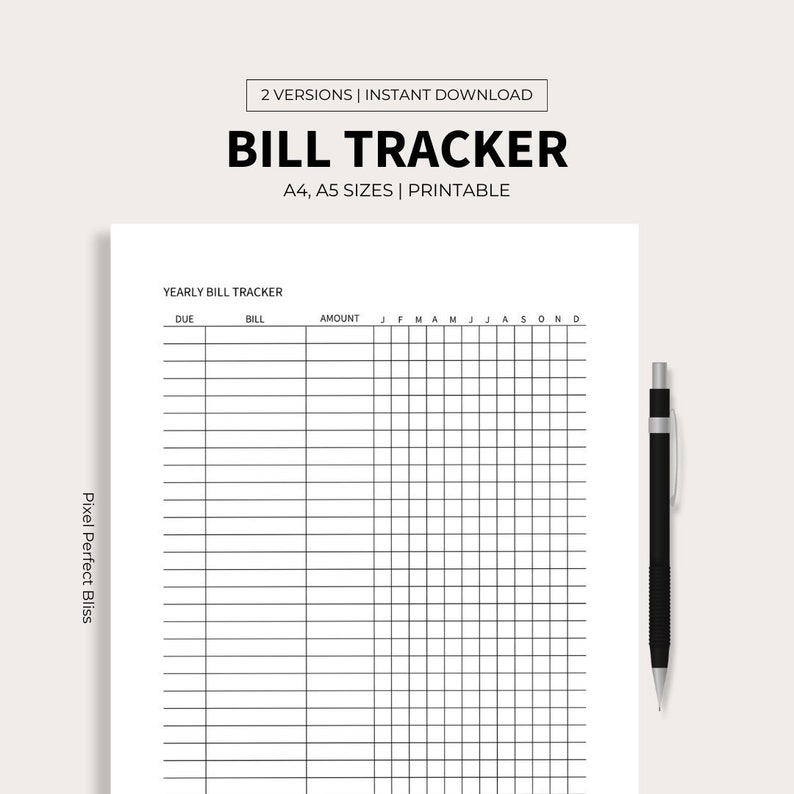 Yearly Bill Tracker Printable, Personal Finance Worksheet, Bill Payment ...