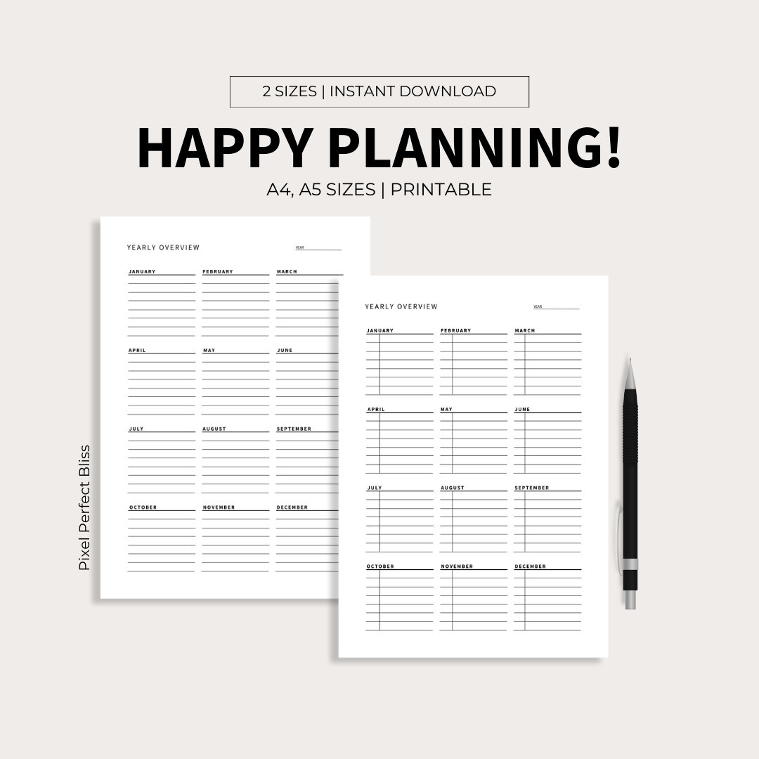 Yearly Overview Template, Printable Yearly Planner on One Page, Year at ...
