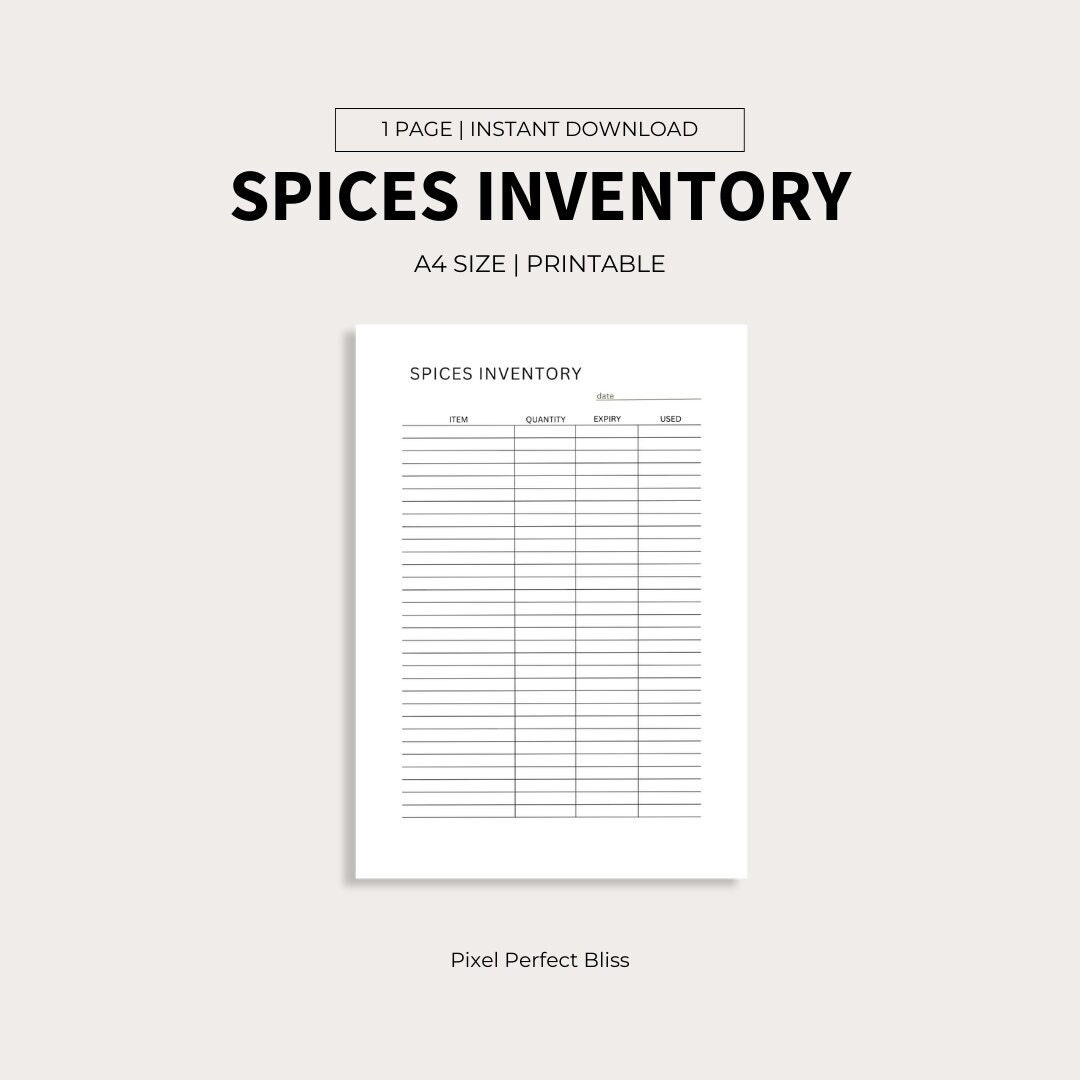 Spices Inventory Sheet, Food Storage Checklist, Kitchen Organization ...
