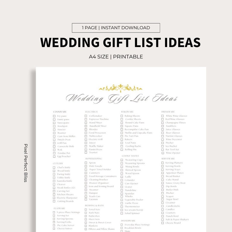 Wedding Gift List, Printable, Bridal Gift Checklist, Marriage Gift ...