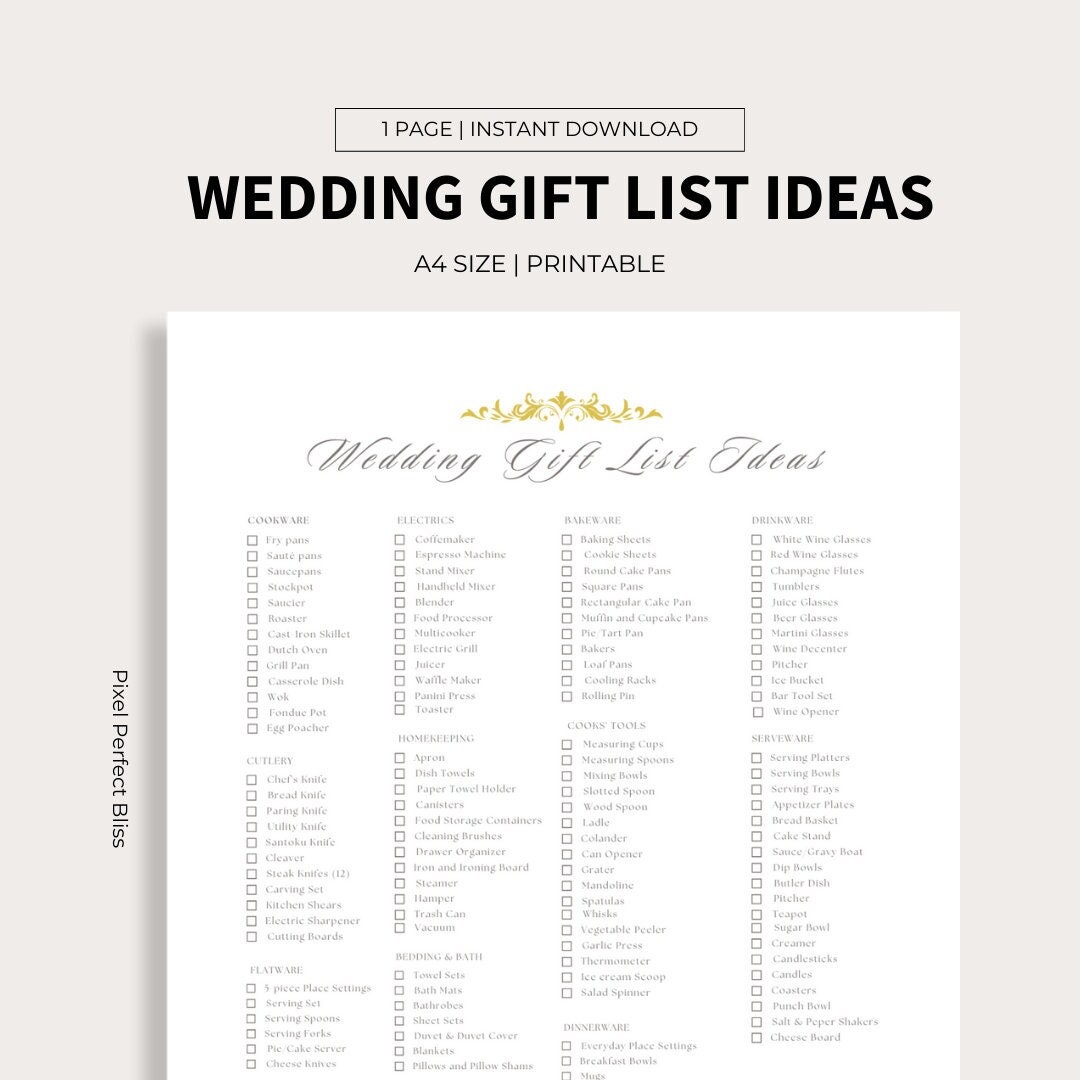 Wedding Gift List, Printable, Bridal Gift Checklist, Marriage Gift ...