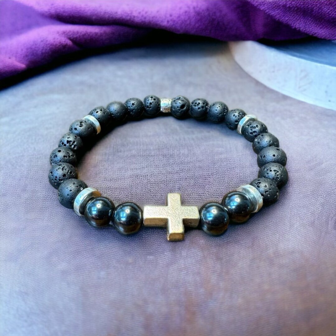 Men's Cross Bracelet With Lava and Obsidian - Etsy