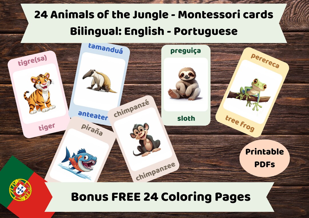 Bilingual (english - Portuguese) Montessori Flashcards - Set of 24 - Etsy